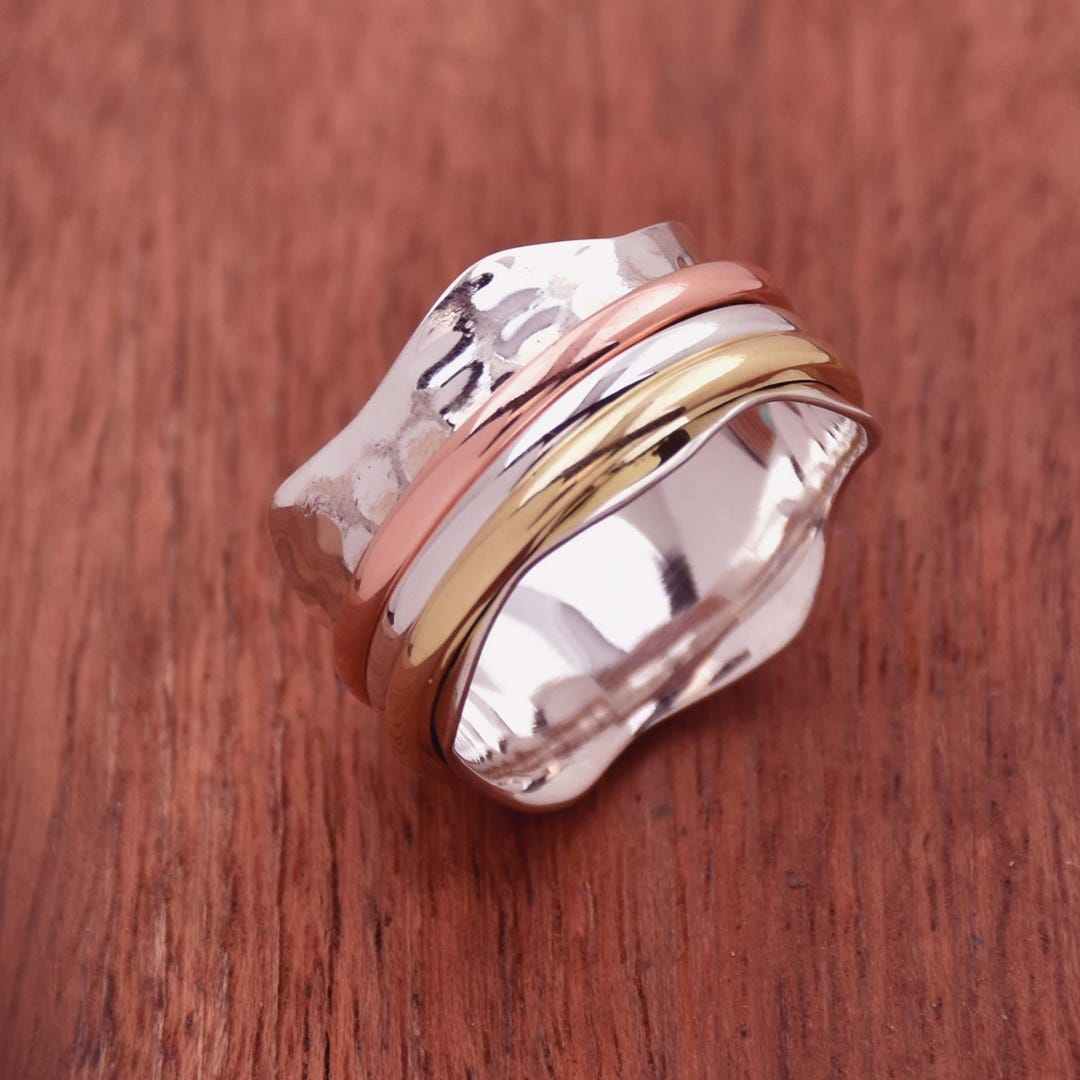Hammered Spinner Ring, Mixed Metal Spinner Ring, 2 Tone Sterling Silver ...