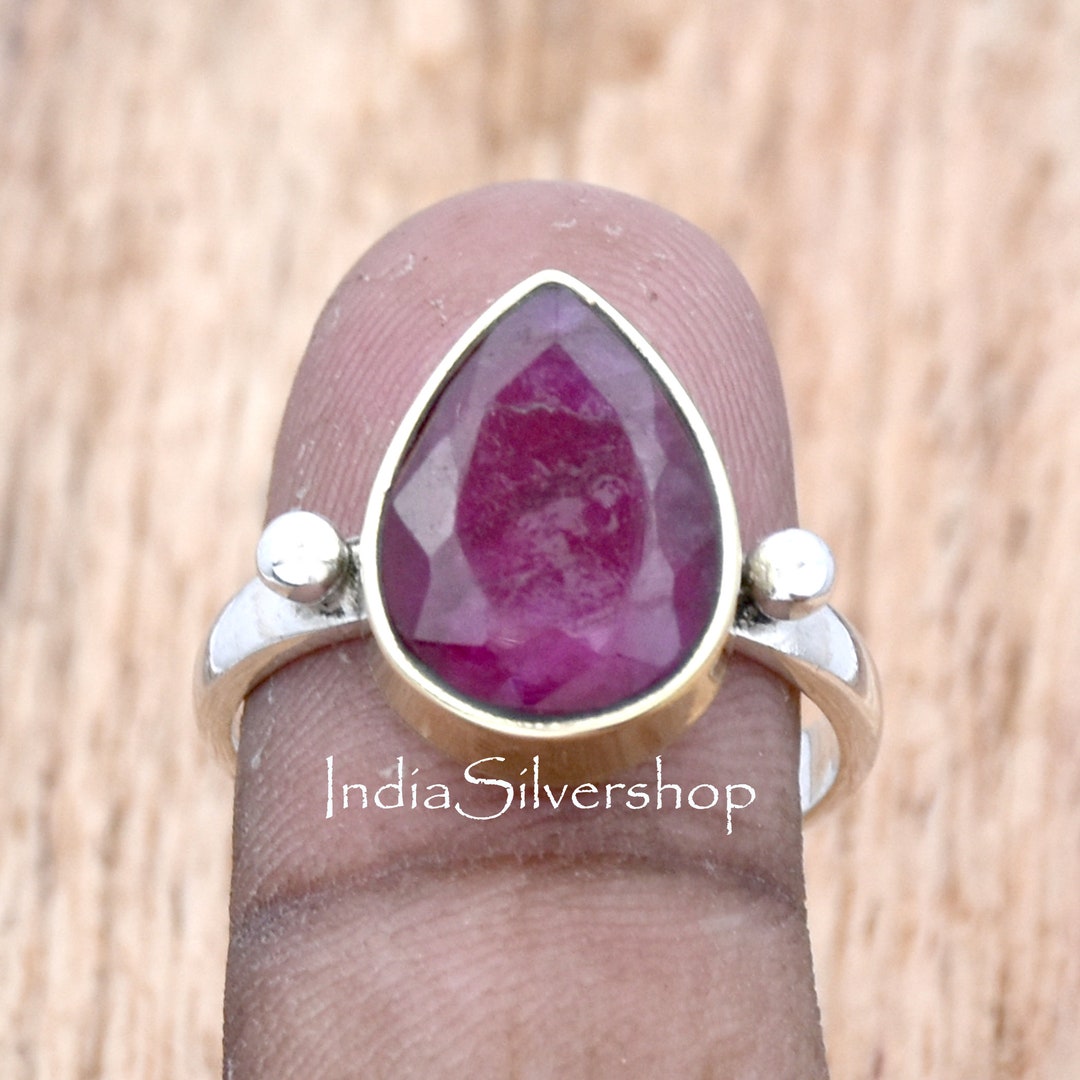 Indian Ruby Ring, Handmade Ring, Sterling Silver Ring, Pear Gemstone ...