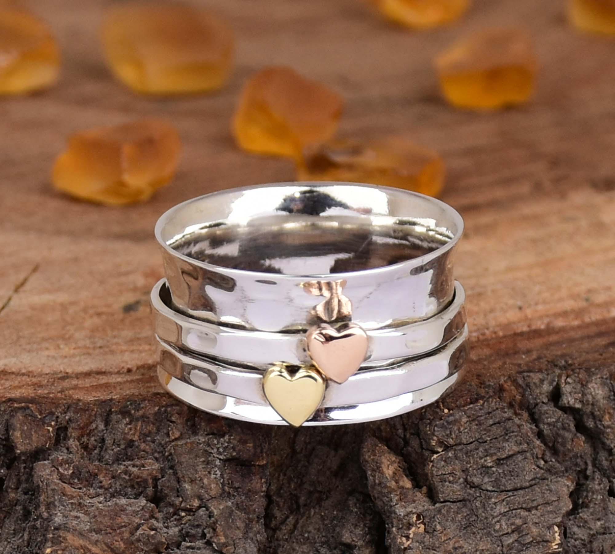 Sterling Silver Double Heart Spinner Ring: Wide Band Meditation Ring - Etsy