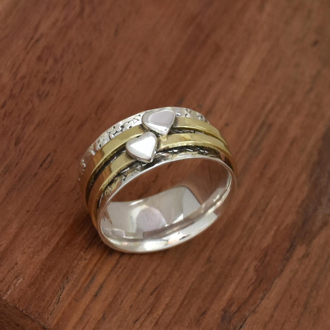 Heart Spinner Ring: Sterling Silver Two-tone Meditation Band- Fidget ...