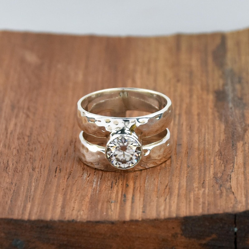 Wide Band Solitaire Ring - Etsy