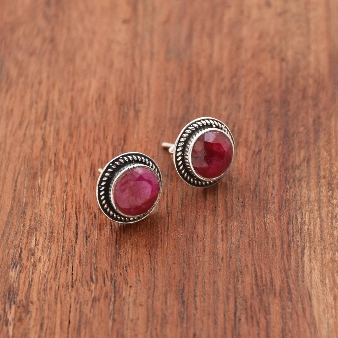 Ruby Stud Earrings, 925 Sterling Silver Earrings, Indian Ruby Studs ...