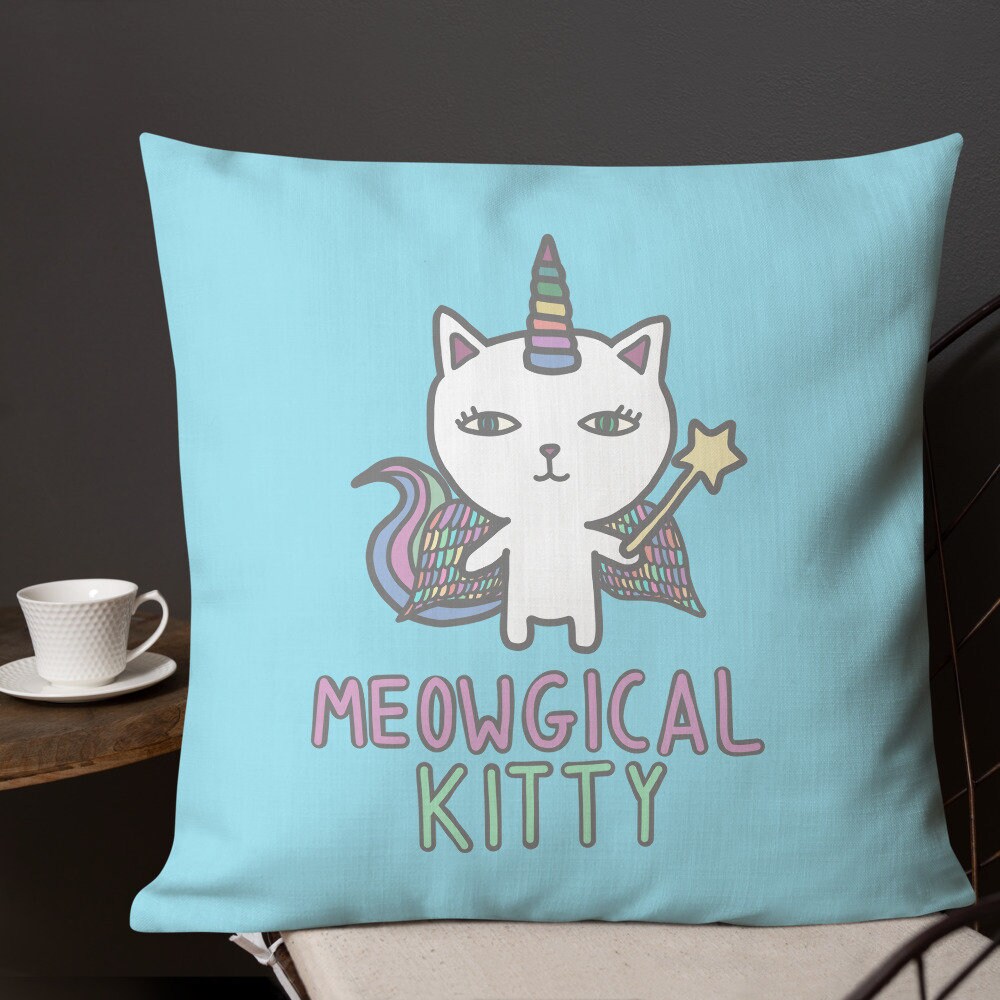 Rainbow Meowgical Kittycorn - Blue Premium Pillow - Etsy