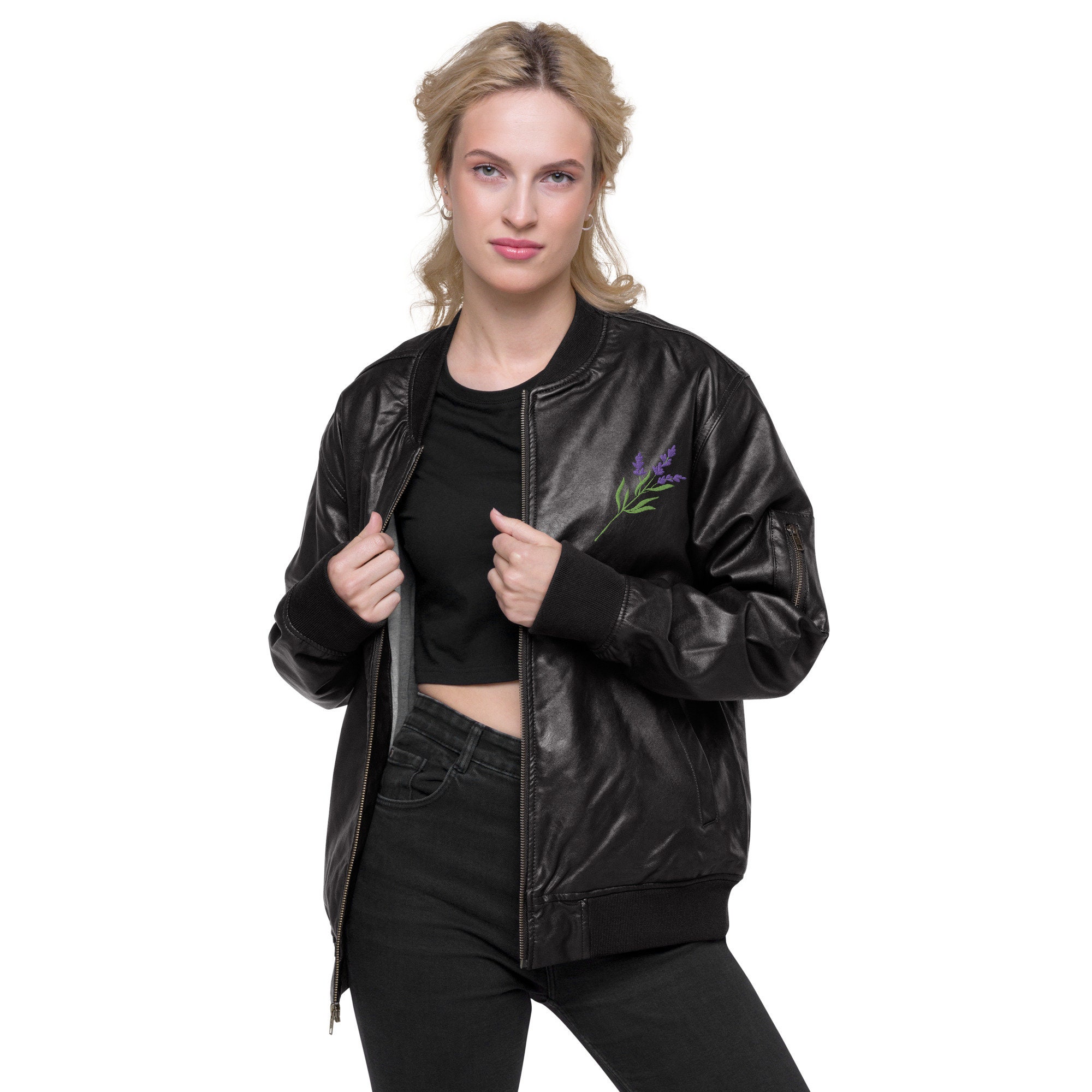 Lavender - Embroidered Leather Bomber Jacket - Etsy
