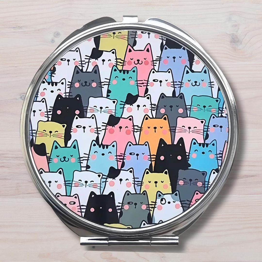 Compact Mirror, Cats Theme Pocket Mirror, Cat Lovers Gift, Makeup ...