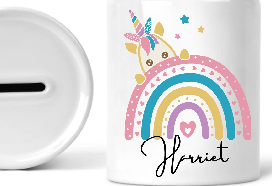 Personalised Rainbow Money Box, Kids Piggy Bank, Unicorn Gift for Girl ...