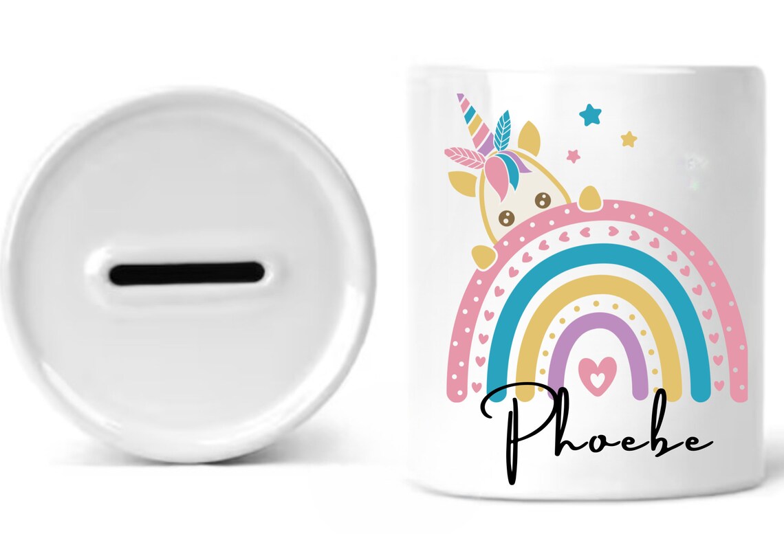 Personalised Rainbow Money Box, Kids Piggy Bank, Unicorn Gift for Girl ...