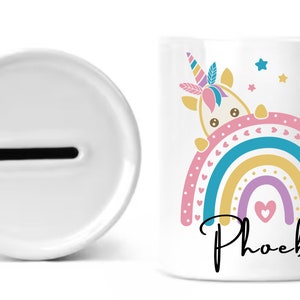 Personalised Rainbow Money Box, Kids Piggy Bank, Unicorn Gift for Girl ...