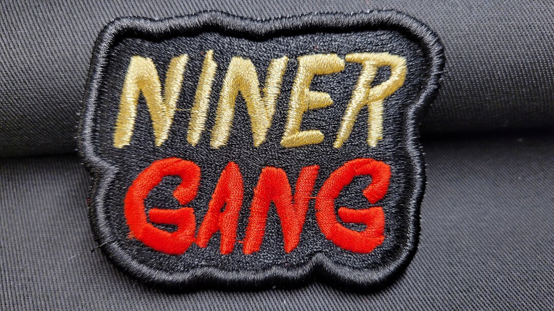 Bang Bang Niner Gang THE PATCH Metallic Gold and Red on Black 3 X 2.375 ...