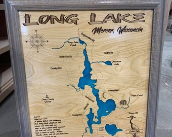 Wall Hangings Custom Lake Maps Wooden Lake Maps with Frame Wisconsin ...