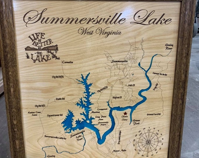 Summersville Lake, West Virginia Custom Laser Engraved Lake Map With ...
