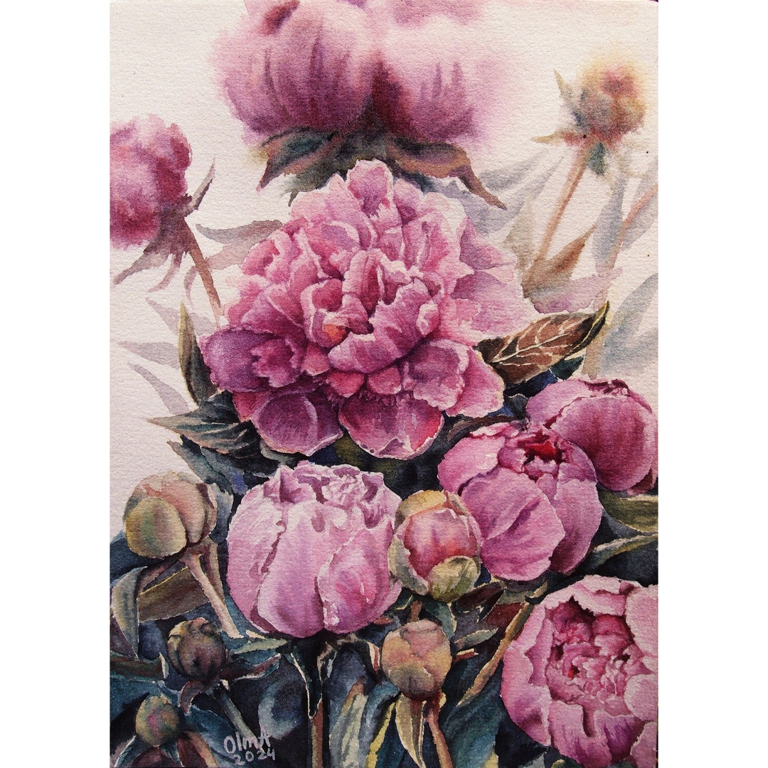 Original Peony Watercolor Painting, Floral Botanical Art, Ukrainian ...