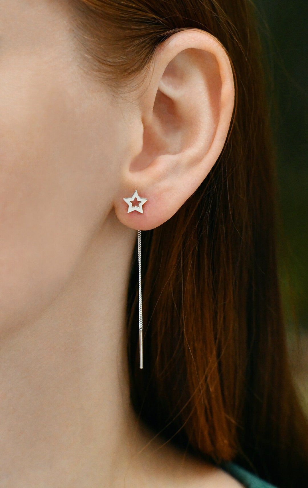 Star Threader Earrings, Ear Thread Dangles, Long Chain, Sterling Silver ...