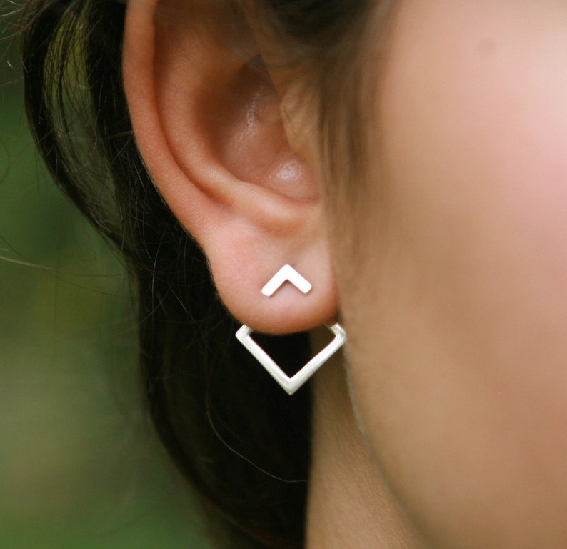 Rhombus Ear Jacket Earrings, Sterling Silver Earrings, Square Ear ...