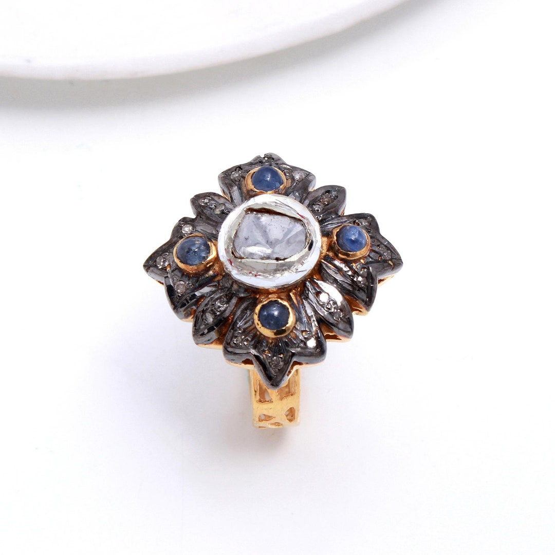 Slice Polki Ring Polki Diamond Rings Blue Sapphire Ring - Etsy