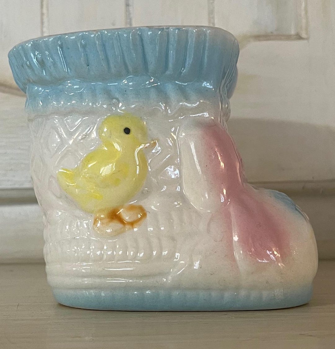 Vintage Ceramic Baby Booties Planter Pink Bows Blue Trim & Yellow ...