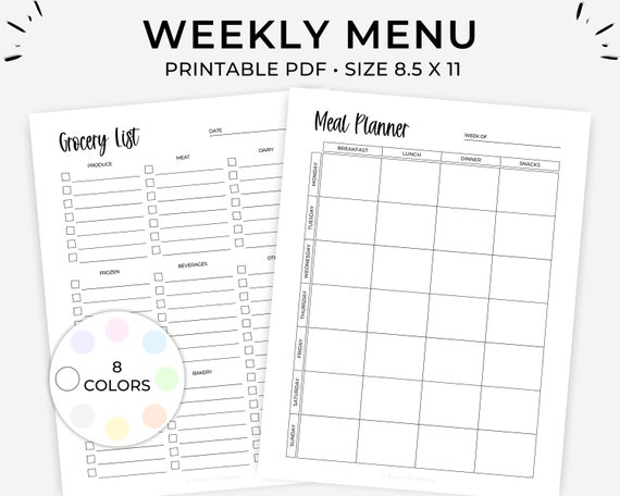 Printable Weekly Menu Planner Weekly Grocery List Weekly | Etsy