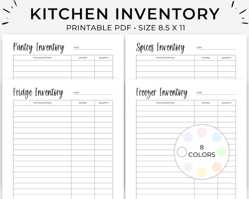 Printable Kitchen Inventory, Food Inventory, Food List Tracker, Pantry ...