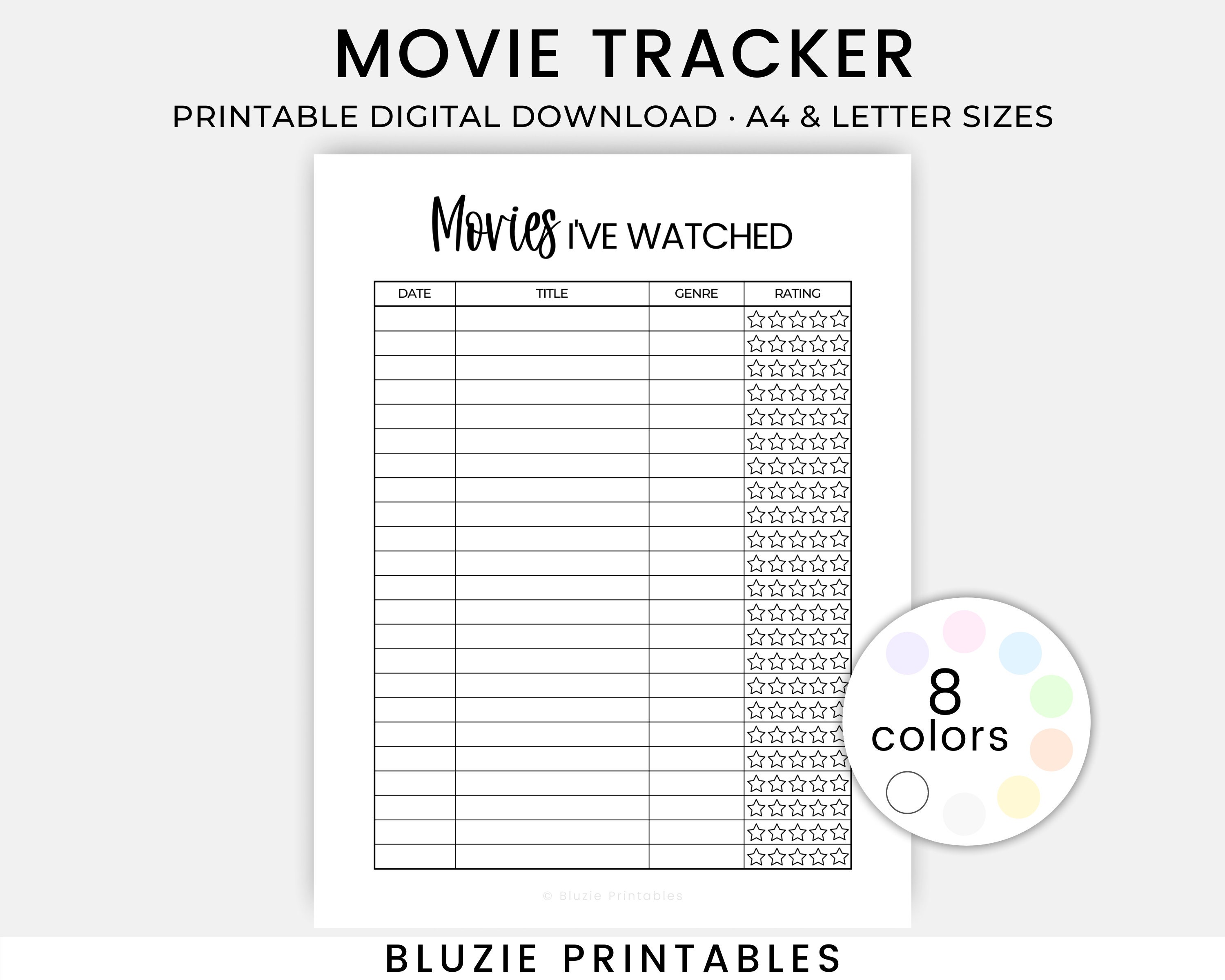 PRINTABLE MOVIE LIST Movie Tracker Organize Movie List | Etsy