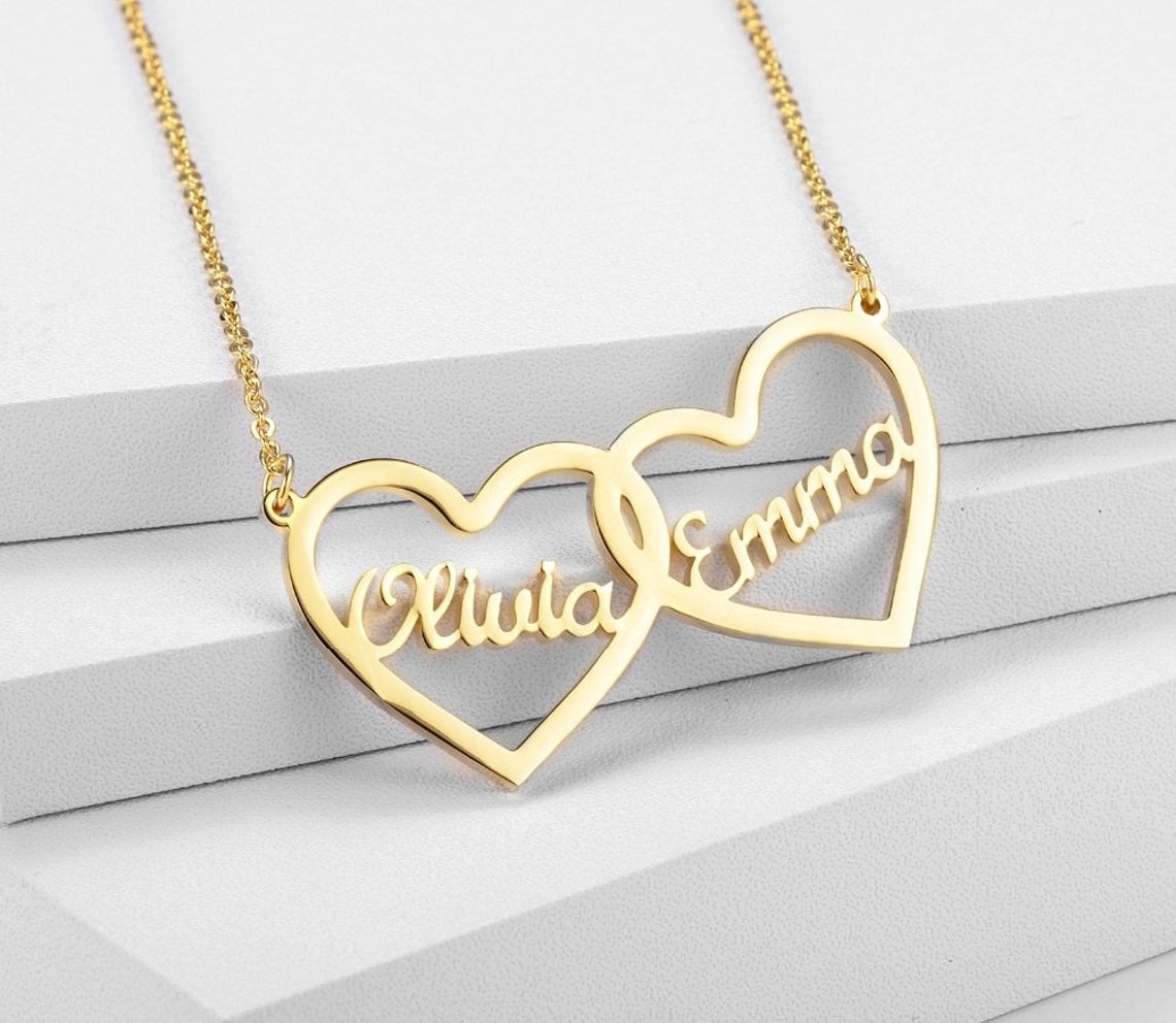 Personalized Couples Name Two Hearts Necklace Custom - Etsy UK