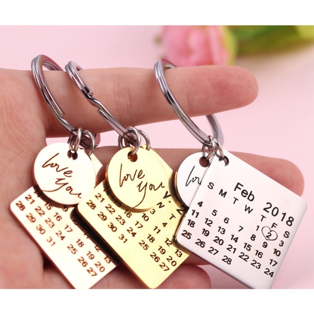 Personalized Calendar Key Ring, Heart Date Name Key Chain, Signature ...
