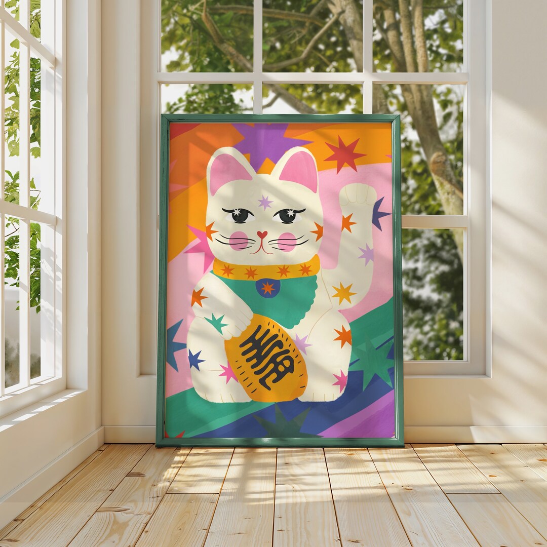 Bright Funky Kids Print, Rainbow Lucky Cat, Kids Art Prints, Good Luck ...