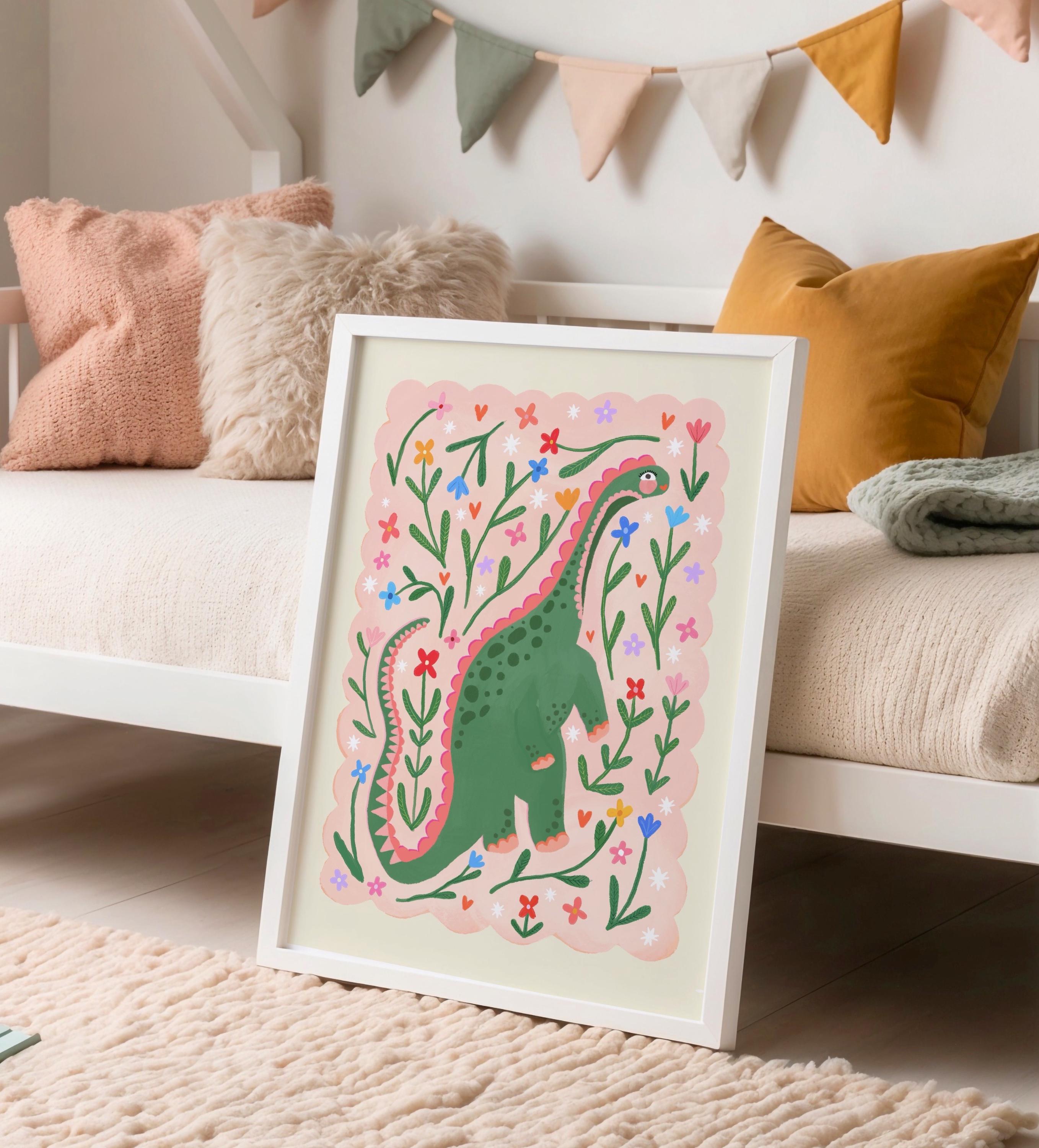Floral Dinosaur Print: Girls Nursery Art, Rainbow Dino - Etsy