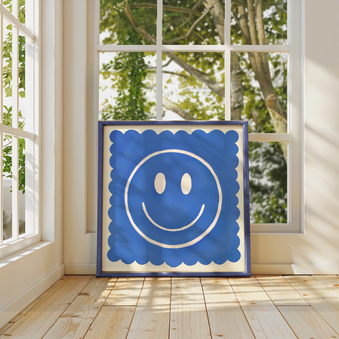True Blue Smiley Face Art Print: Dopamine Decor - Etsy