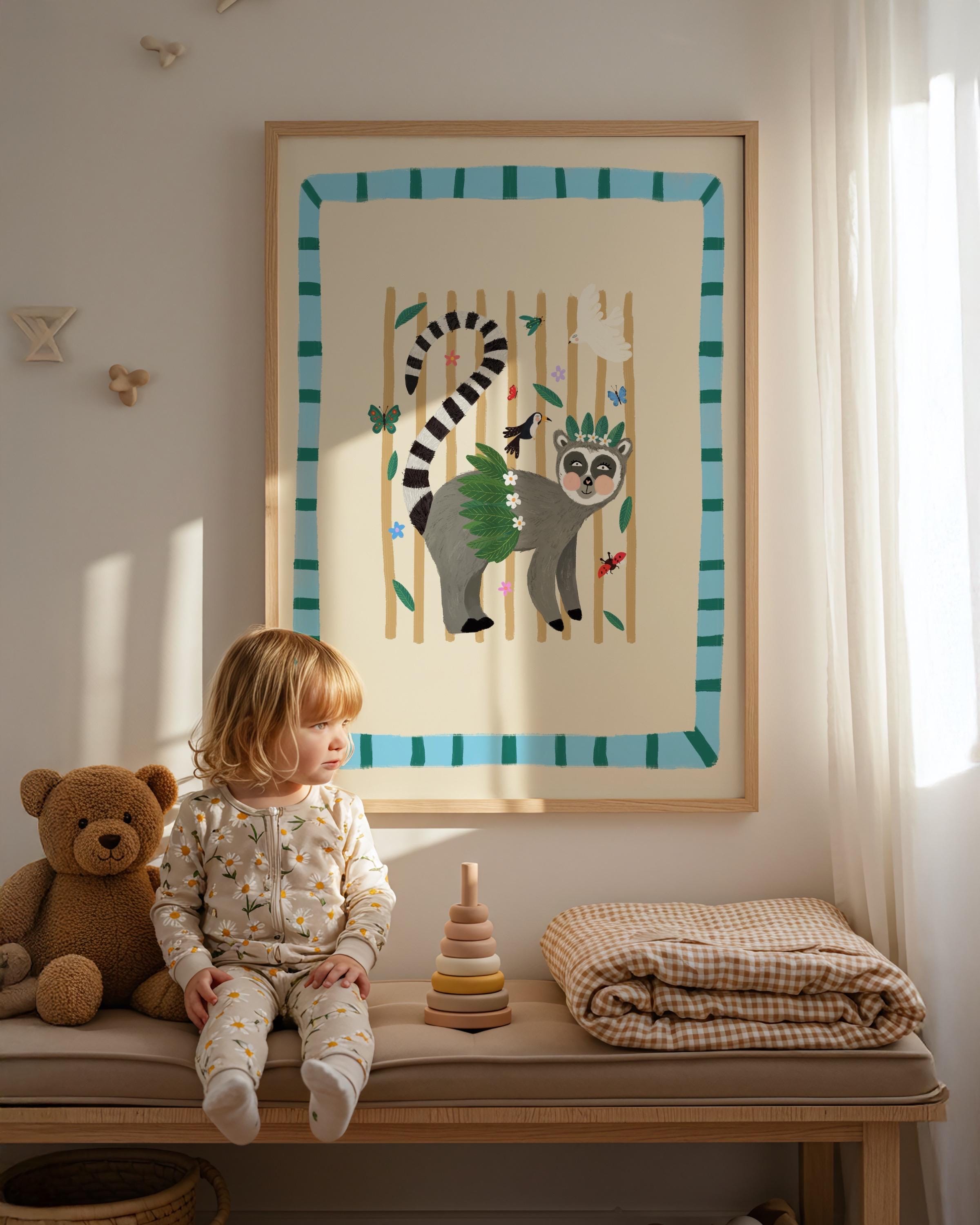 Lenny Lemur Art Print: Kids Nursery, Bright Jungle Illustration - Etsy