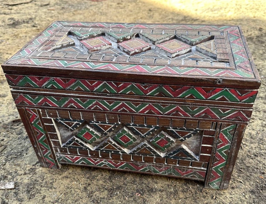 Vintage Moroccan Wooden Chest, Hand Carved Wooden Trunk, Berber Wood ...