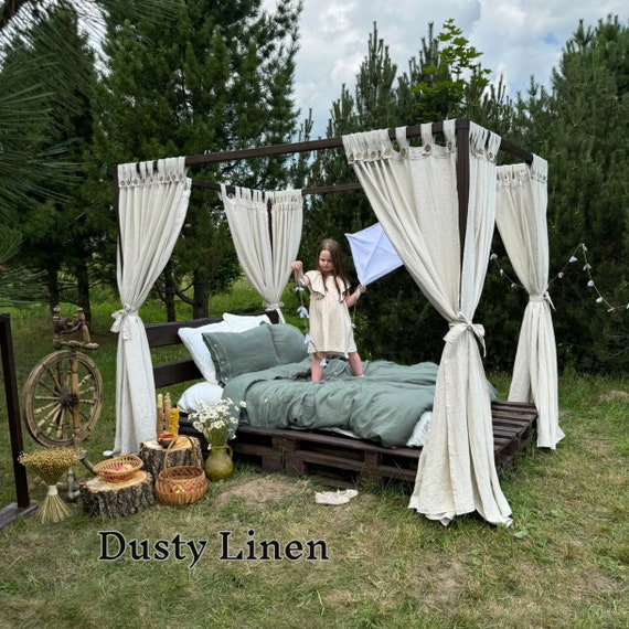 Bed Canopy Curtains Bohemian Linen Drapes for Four Poster Bed Frame Extra Long Curtains French Country Farmhouse Bedroom Decor Etsy