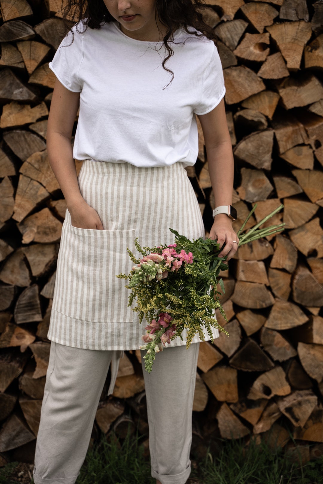 Half Linen Apron. Natural Linen Cafe Apron With Pocket. Unisex Soft ...