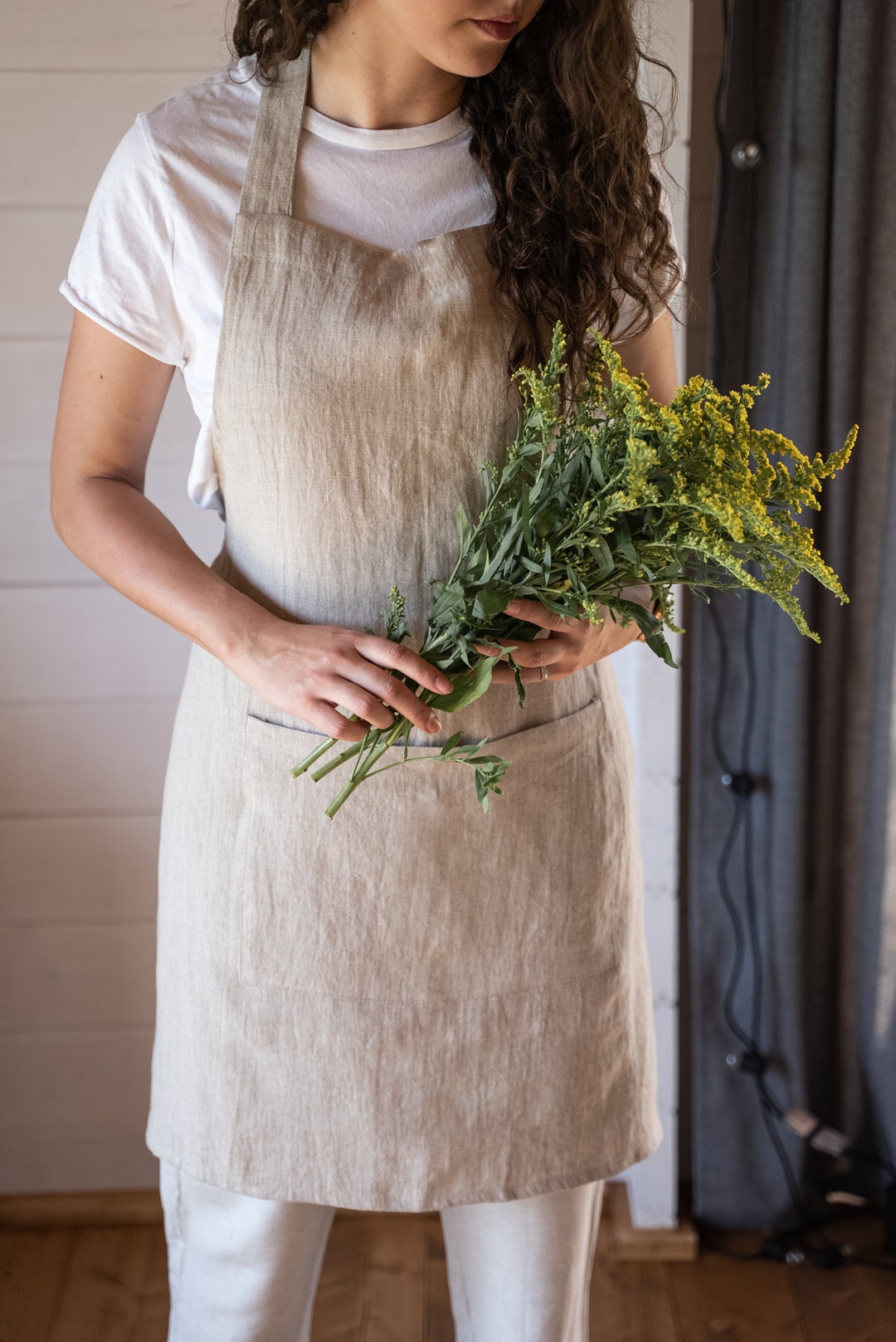 Custom Linen Apron With Pocket. Unisex Full Apron for Cooking. Natural ...