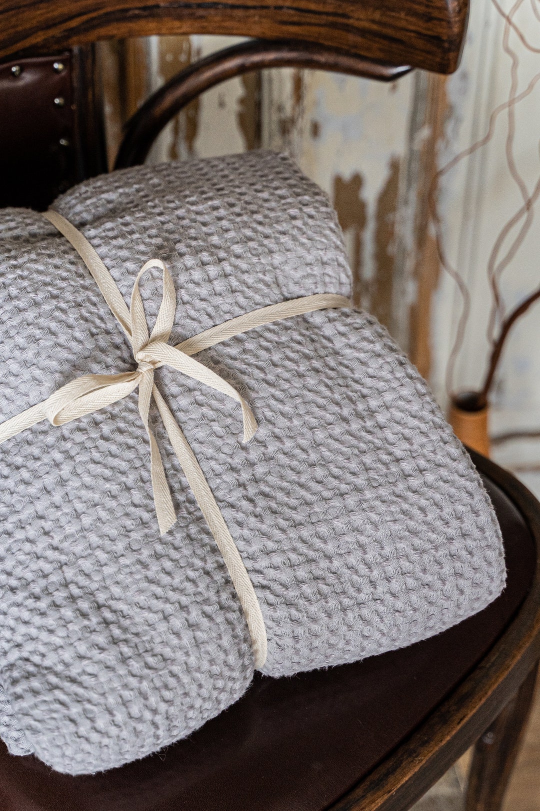 Large Natural Waffle Linen Blanket. Linen Cotton Waffle Bedspread ...