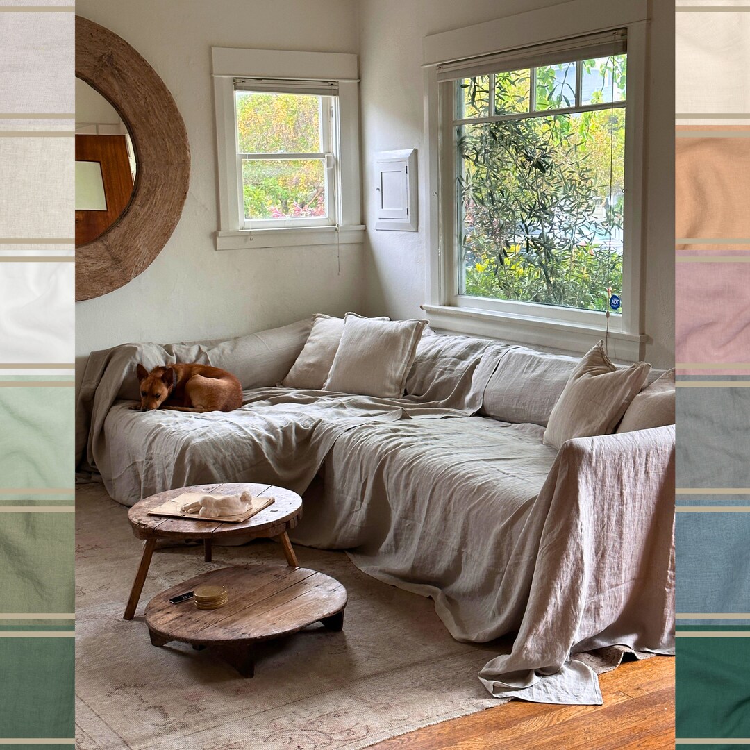 Linen Sofa Cover. Brown Linen Sofa Slipcovers. Custom Slipcover. Loose ...