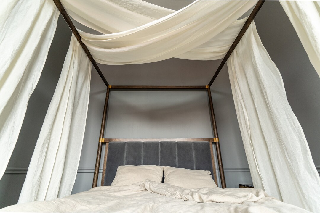 Set of 2 Linen Curtain Shawls for Canopy Bed. Ivory Bed Linen Curtain ...