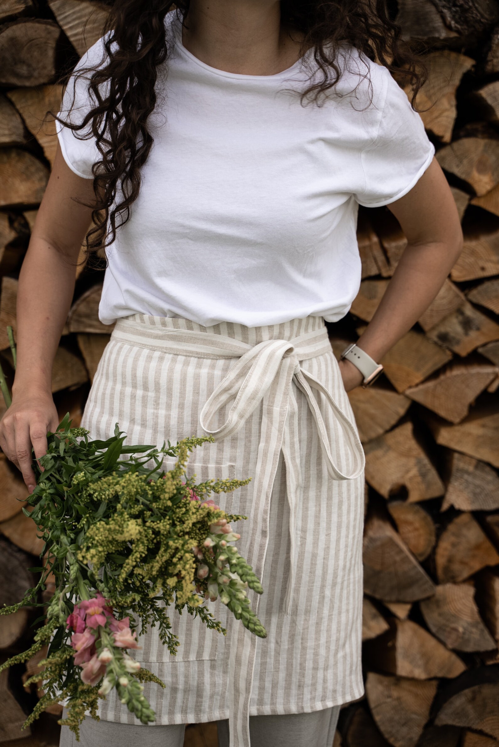 Half linen apron. Natural linen cafe apron with pocket. Unisex | Etsy