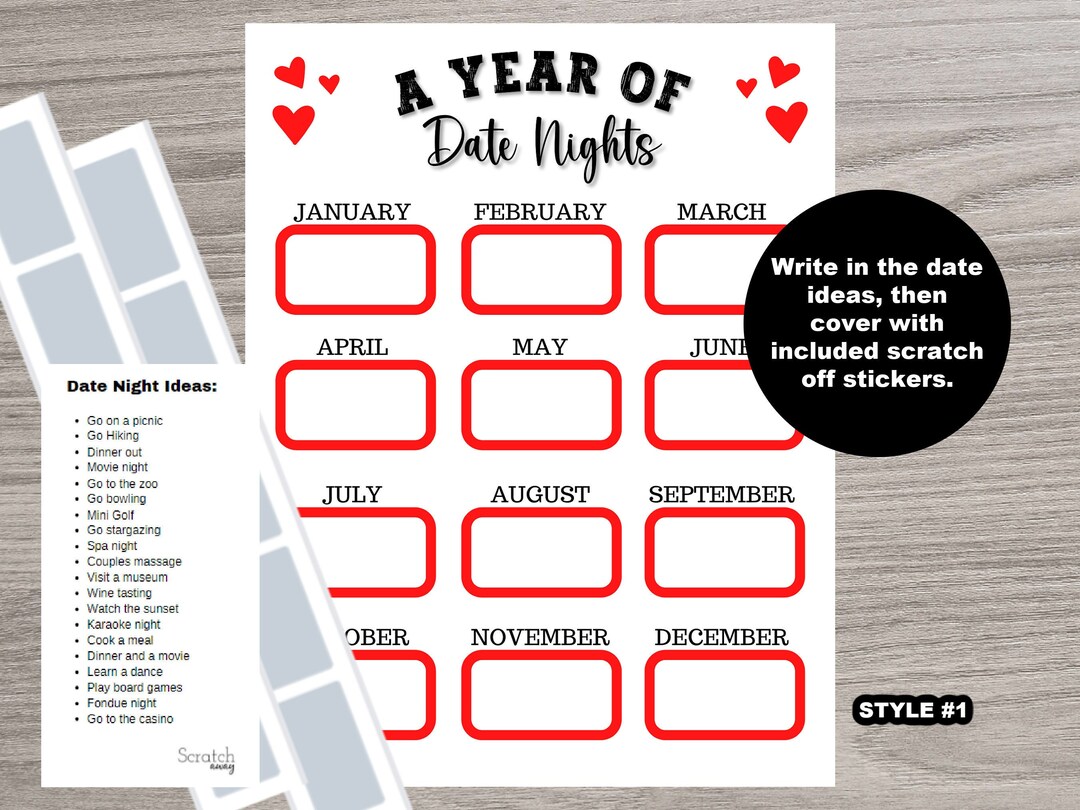 Date Night Scratch Off, Scratch off Chart, A Year of Date Nights, Date ...
