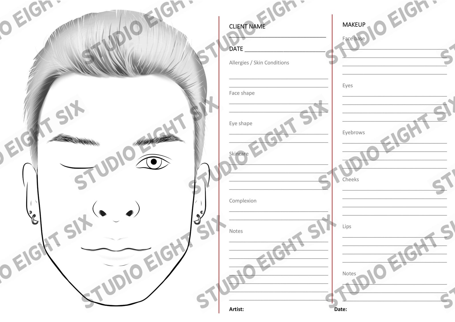 A4 Blank Makeup Face Chart Template MALE, Face Chart, Makeup Template ...