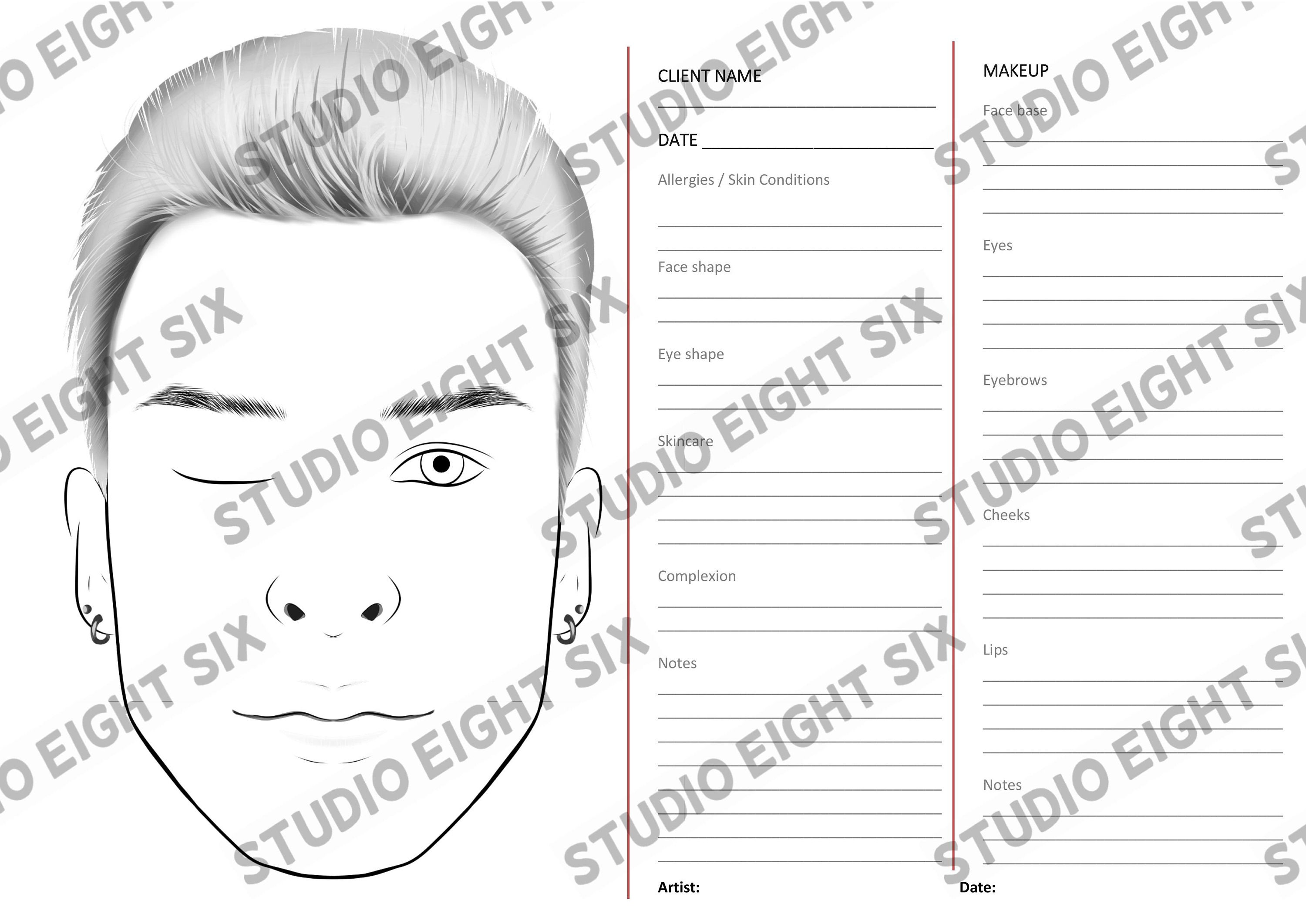 A4 Blank Makeup Face Chart Template MALE, Face Chart, Makeup Template ...