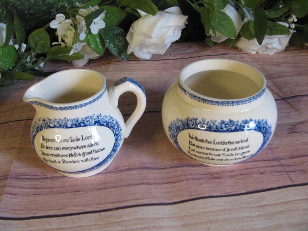 Vintage John Wesley Blue Delft Style Lords Prayer Creamer Sugar Bowl ...