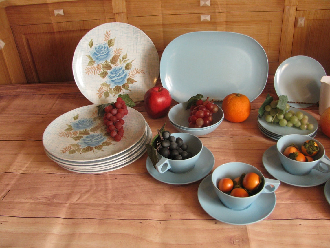 Vintage Park Avenue Blue Rose Melmac Dinnerware- 1950 Dish Set-31 Piece ...