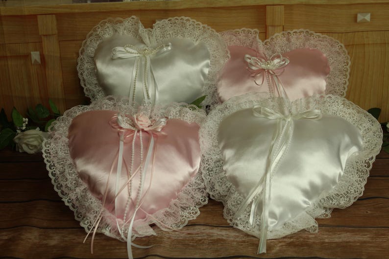 Heart Shaped Satin and Lace Wedding Ring Pillow- Roses Butterflies ...