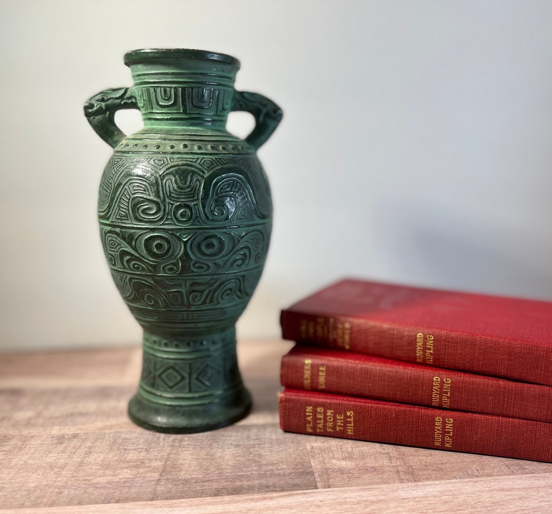Vintage Metal Vase - Chinese Taotie Raised Design and Beautiful Green ...