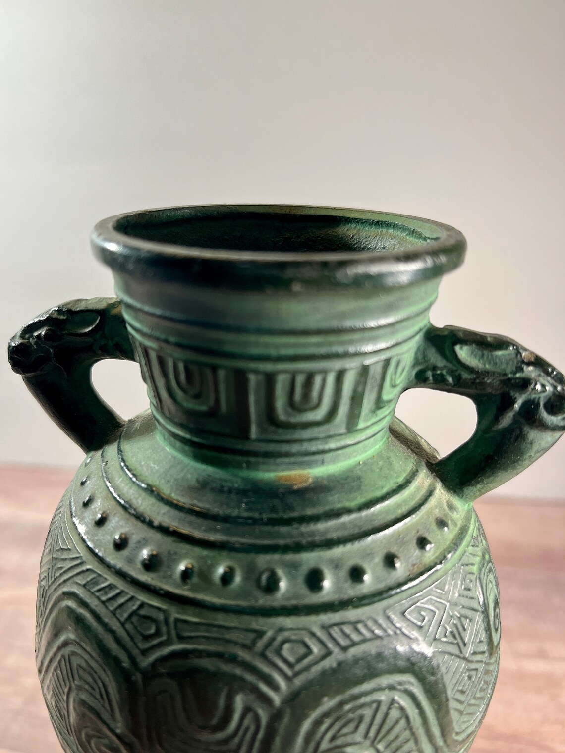 Vintage Metal Vase - Chinese Taotie Raised Design and Beautiful Green ...
