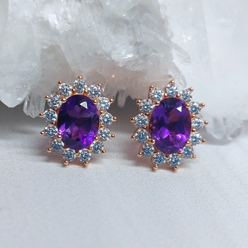 Amethyst Halo Earrings Oval - Etsy