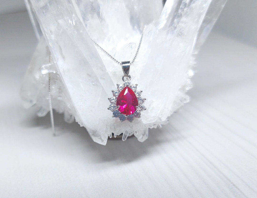 Silver Pink Ruby Necklace, Pear Ruby Halo Pendant, Sterling Silver Pink ...