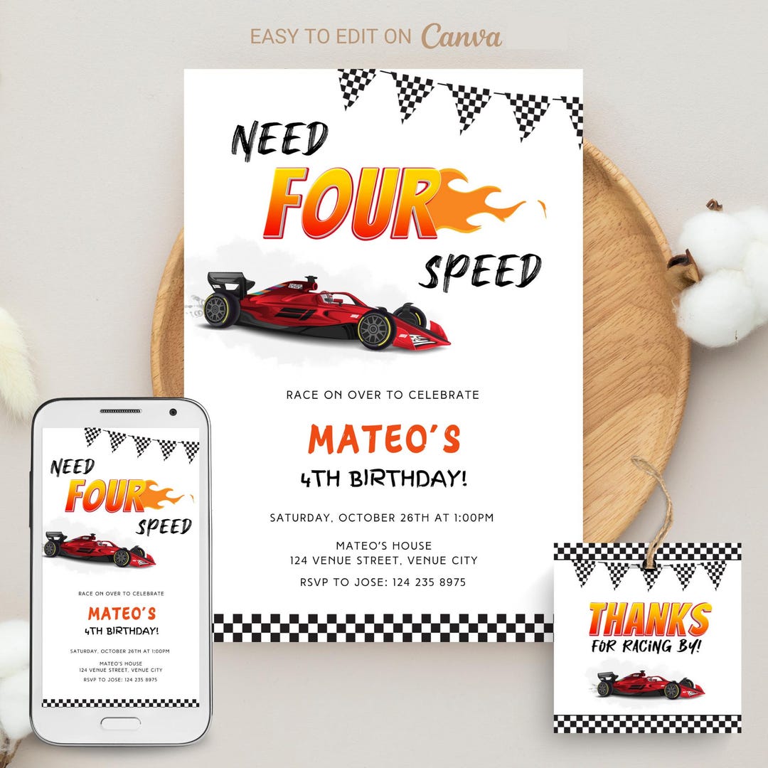Need Four Speed Invitation, Racing Birthday Template, Race Car 4th ...