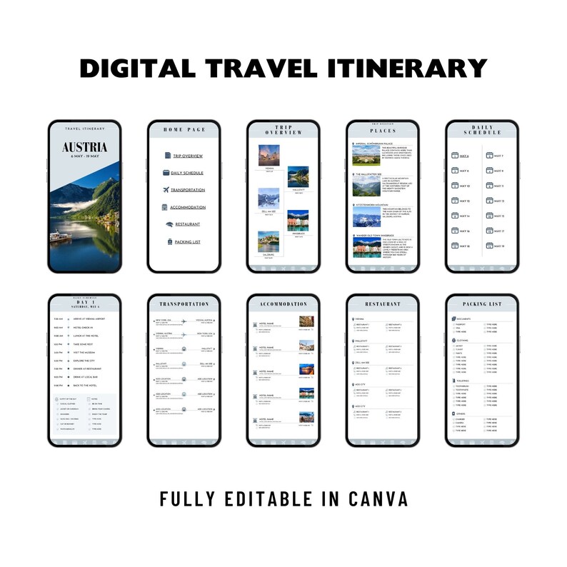 Digital Travel Itinerary Template Mobile Travel Itinerary Digital ...