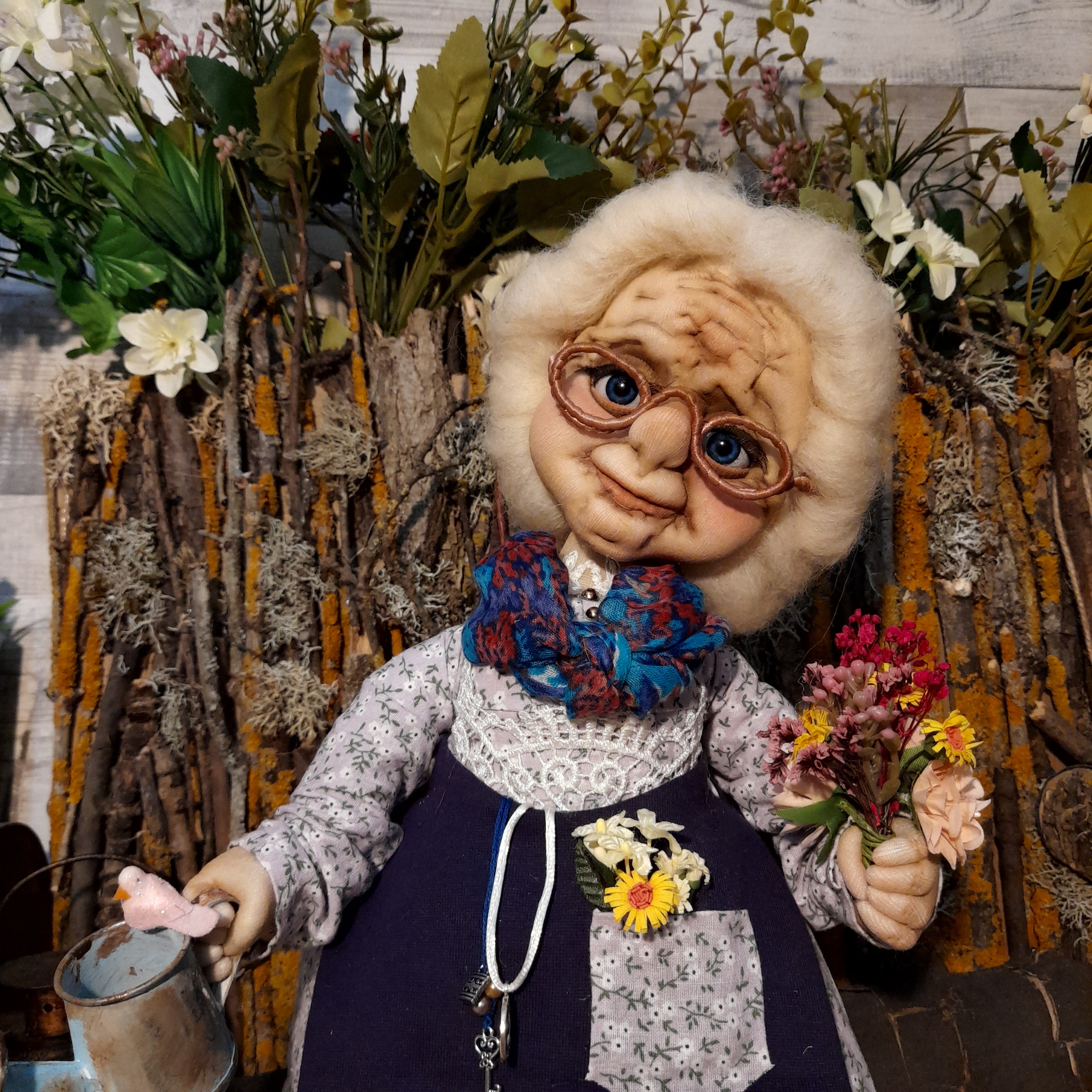 Granny Handmade Textile Doll Cheerful Granny With Watering Can Gift to ...